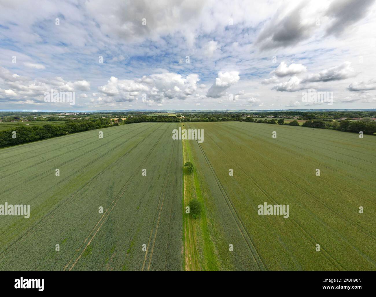 Aerial view of farmland and the Weald of Kent looking north from above ...