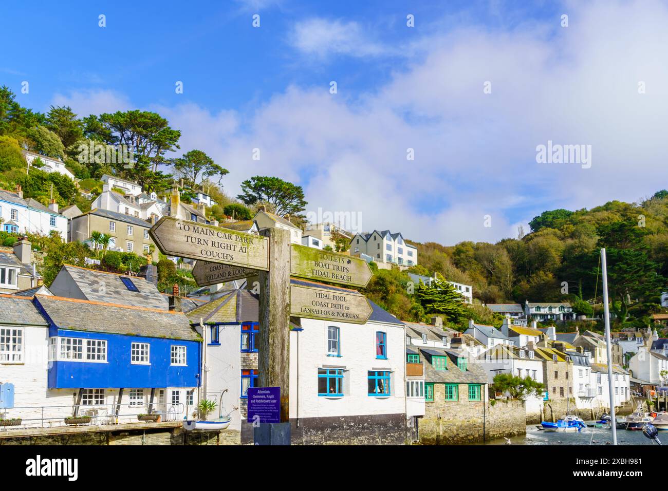 View of directional and warning signs in the fishing village Polperro ...