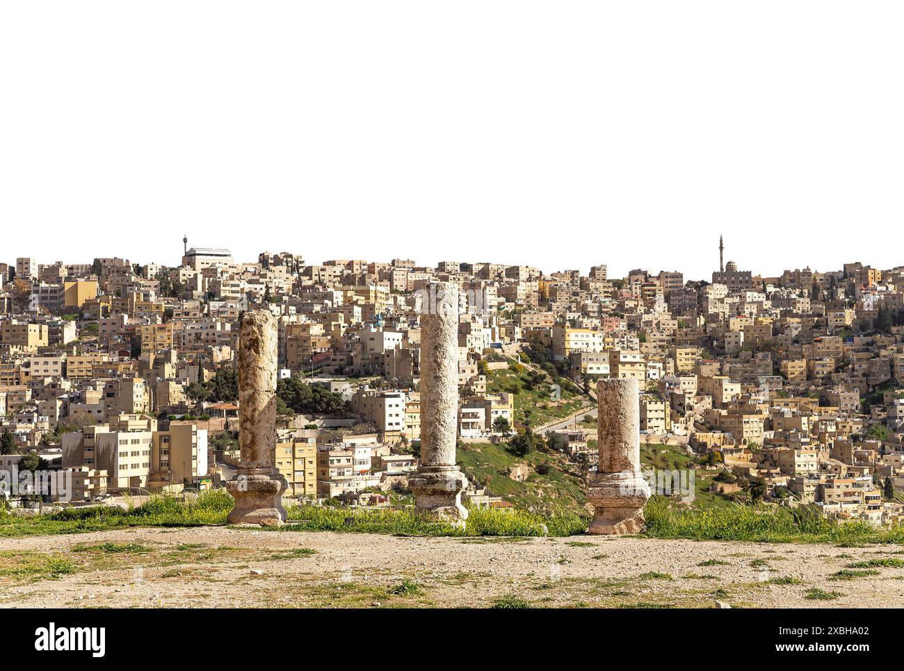Amman city landmarks-- old roman Citadel Hill, Jordan. Carved, on white ...