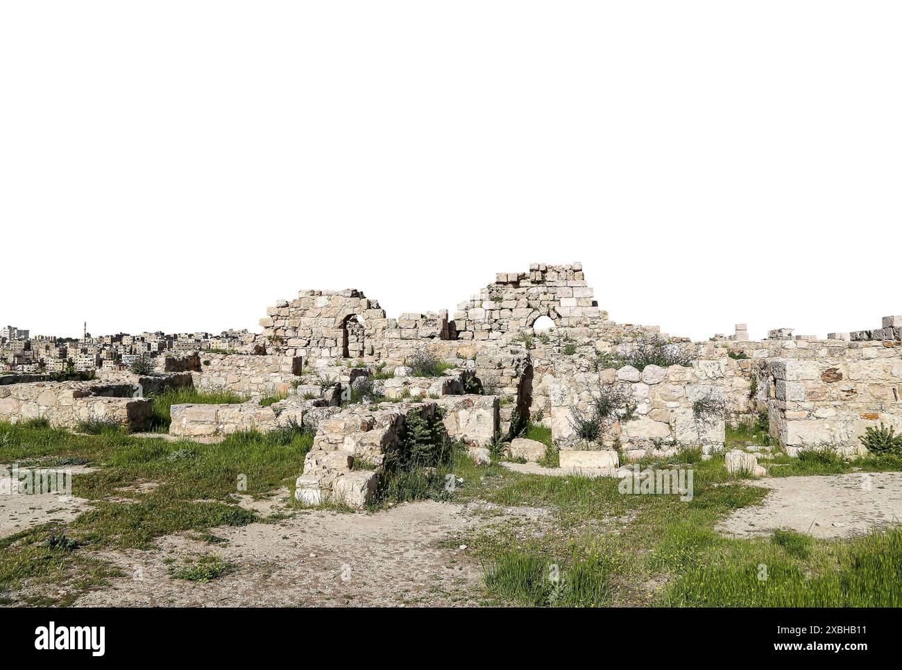 Amman city landmarks-- old roman Citadel Hill, Jordan. Carved, on white ...