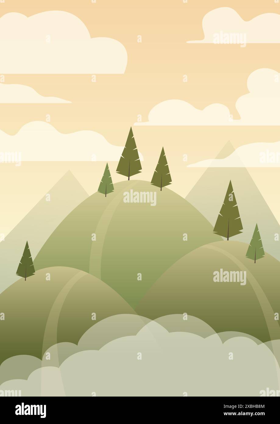 Country rural landscape scene with green hills among clouds. Skyline ...