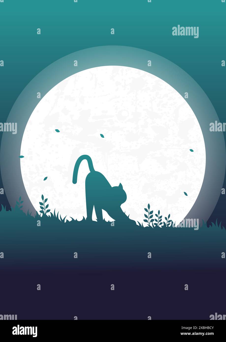 Minimalistic full moon skyscape and kitty silhouette. Wildlife animals ...