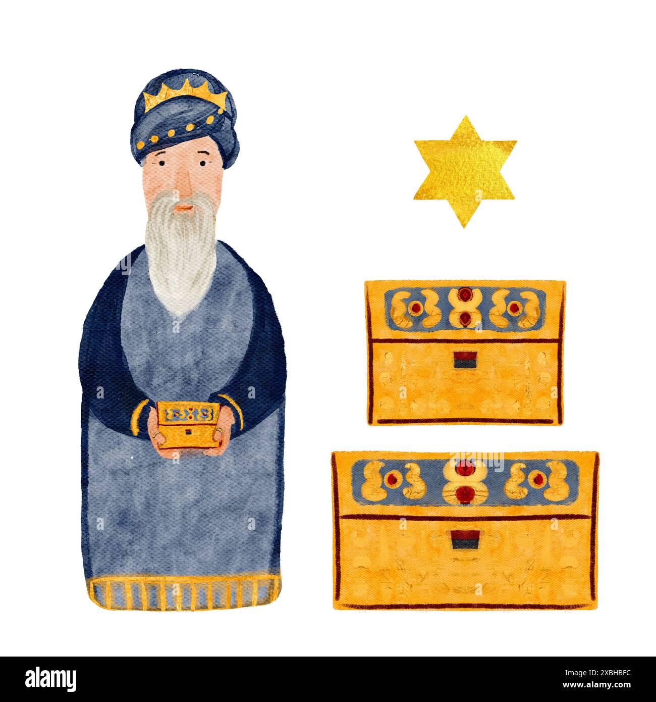 Wise man gifts gold Christmas set hand painted digital watercolor. High ...