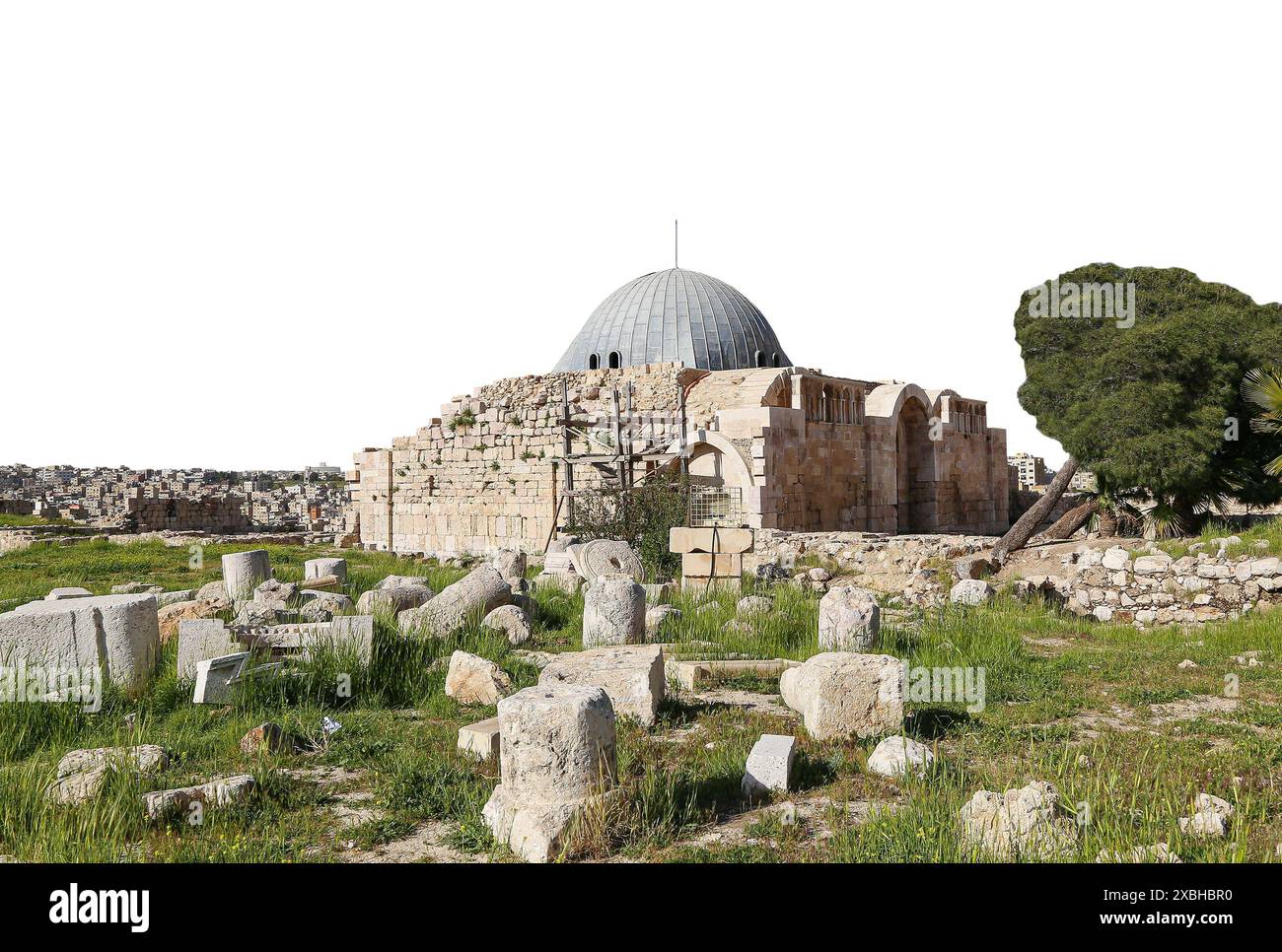 Amman city landmarks-- old roman Citadel Hill, Jordan. Carved, on white ...