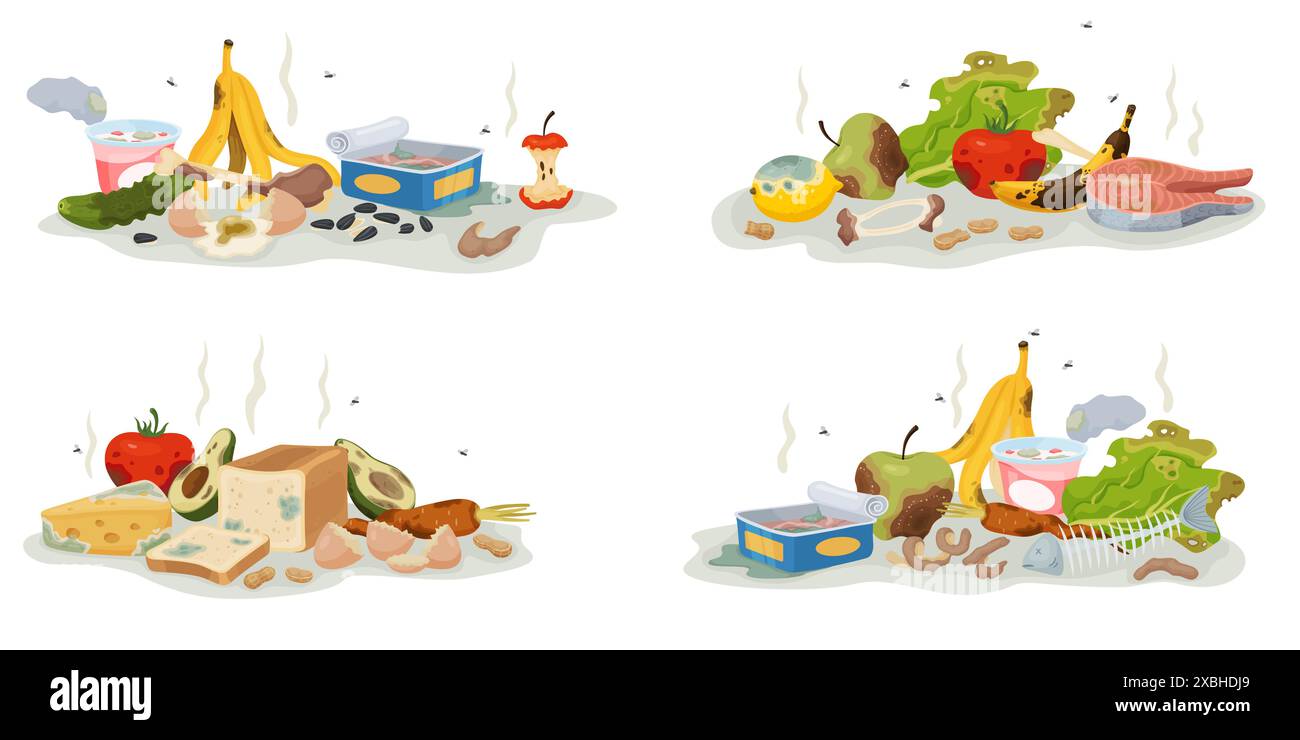 Rotten food compositions. Organic waste with unpleasant smells. Expired ...