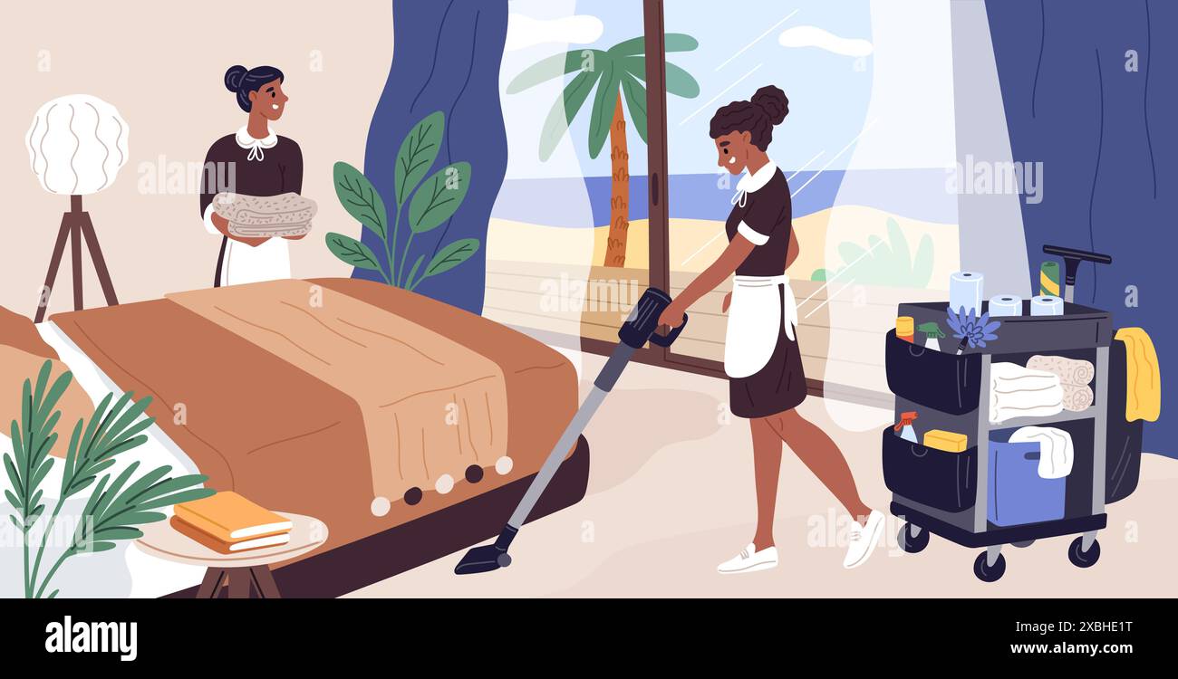 Maids cleaning hotel room. Women in uniform vacuuming. Hostel ...