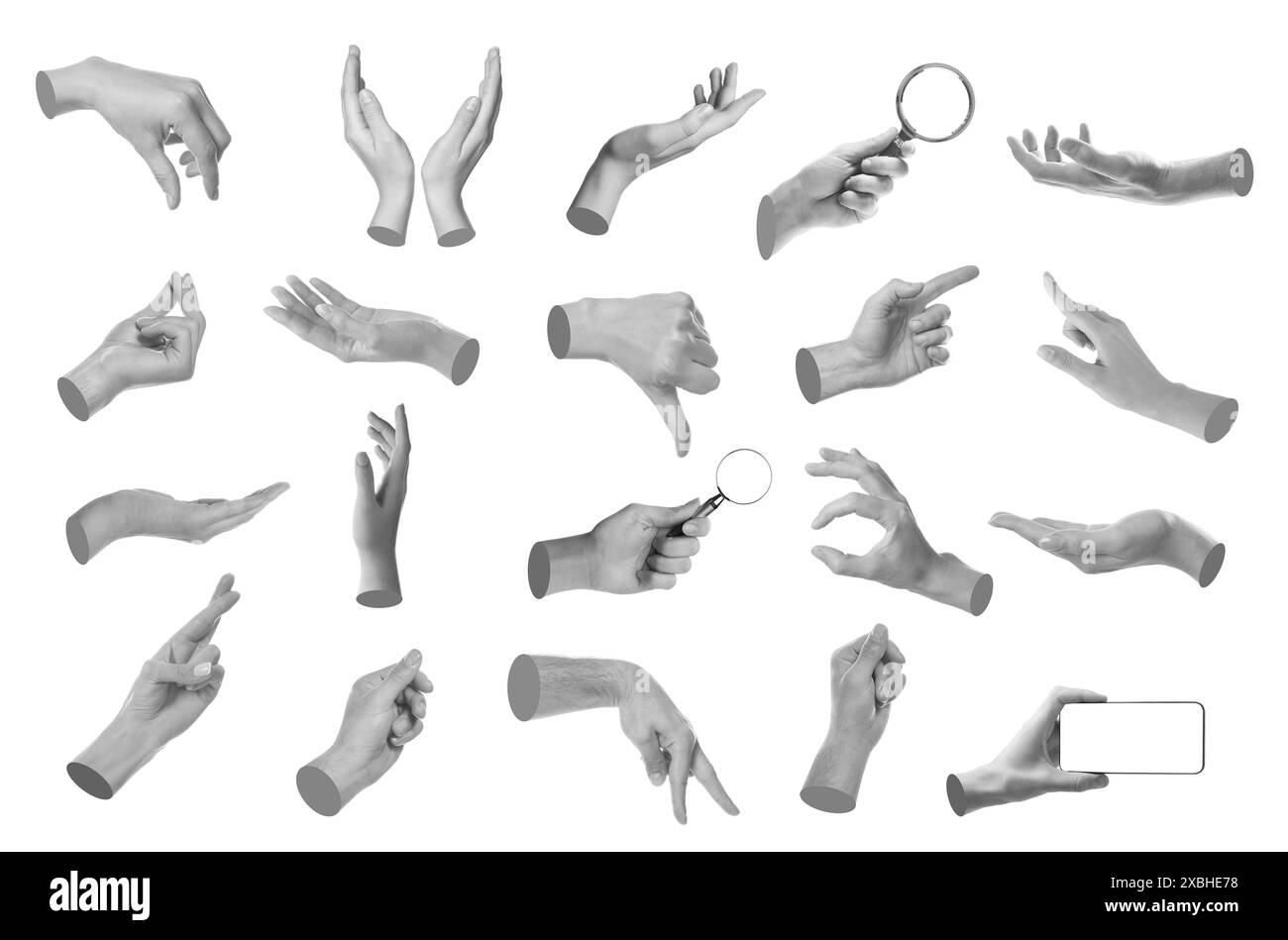 Set of different hand gestures isolated on white, black and white Stock ...