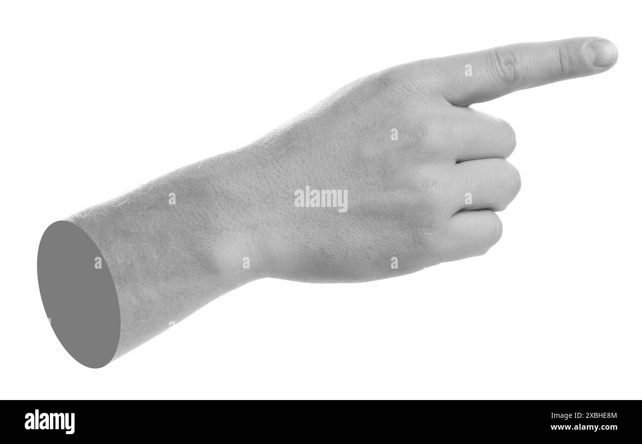 Man's hand pointing at something on white background. Black and white ...