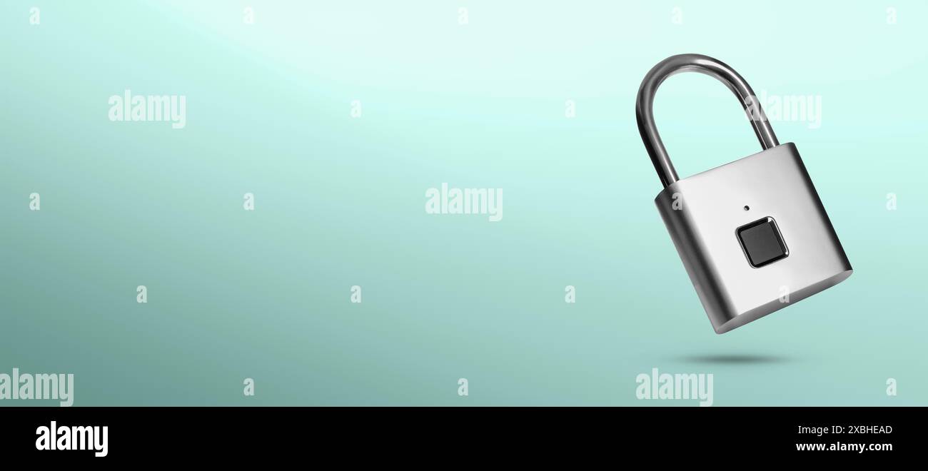 Modern fingerprint padlock in air on turquoise gradient background ...