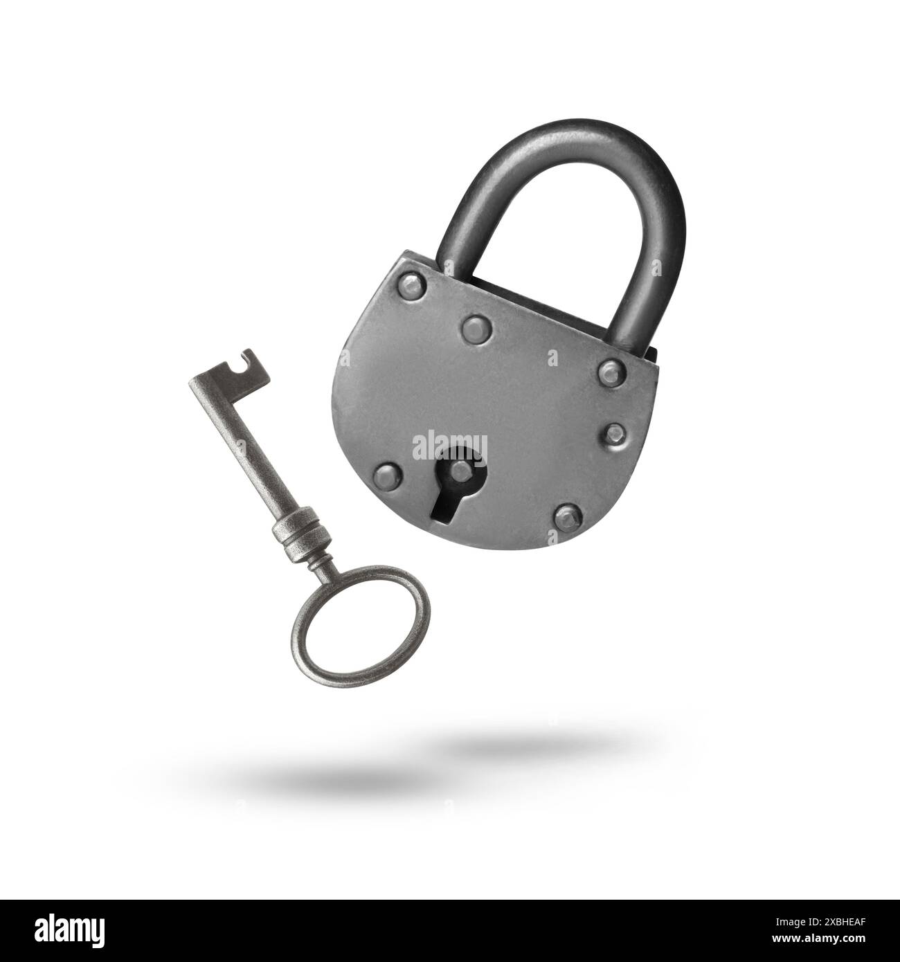 Padlock and key in air on white background Stock Photo - Alamy