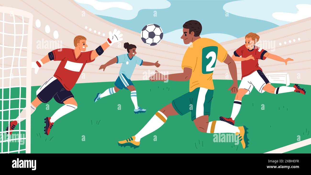 Football match. Soccer players at stadium. Goalkeeper protects goal ...