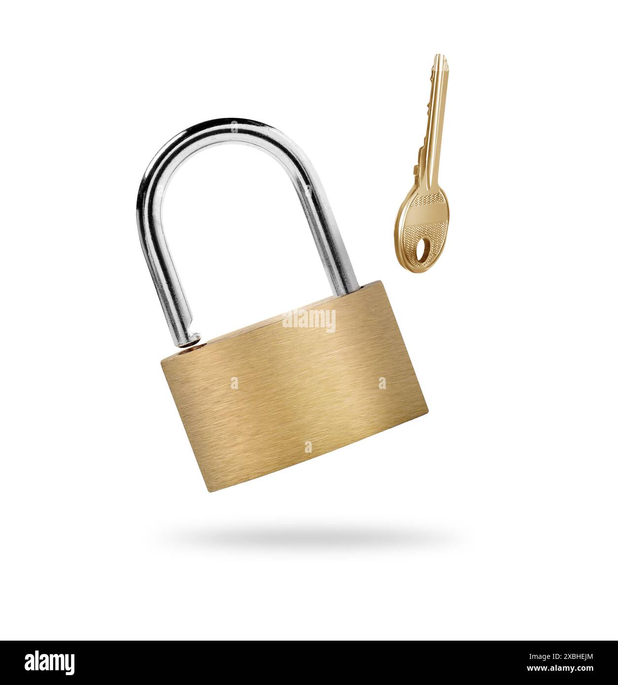 Padlock and key in air on white background Stock Photo - Alamy