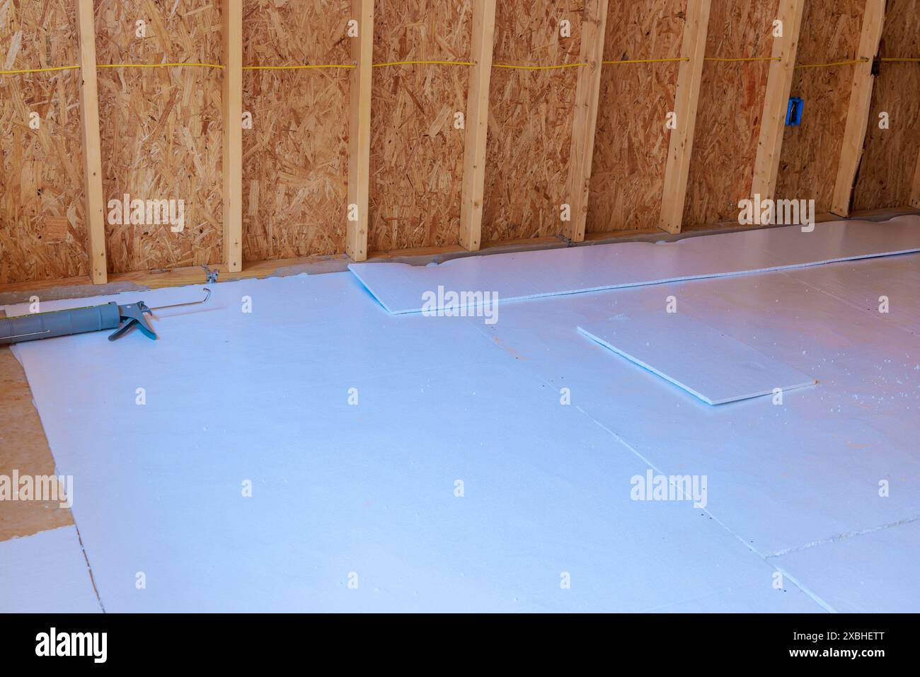 In new house inside, expanding polystyrene is installed for floor ...