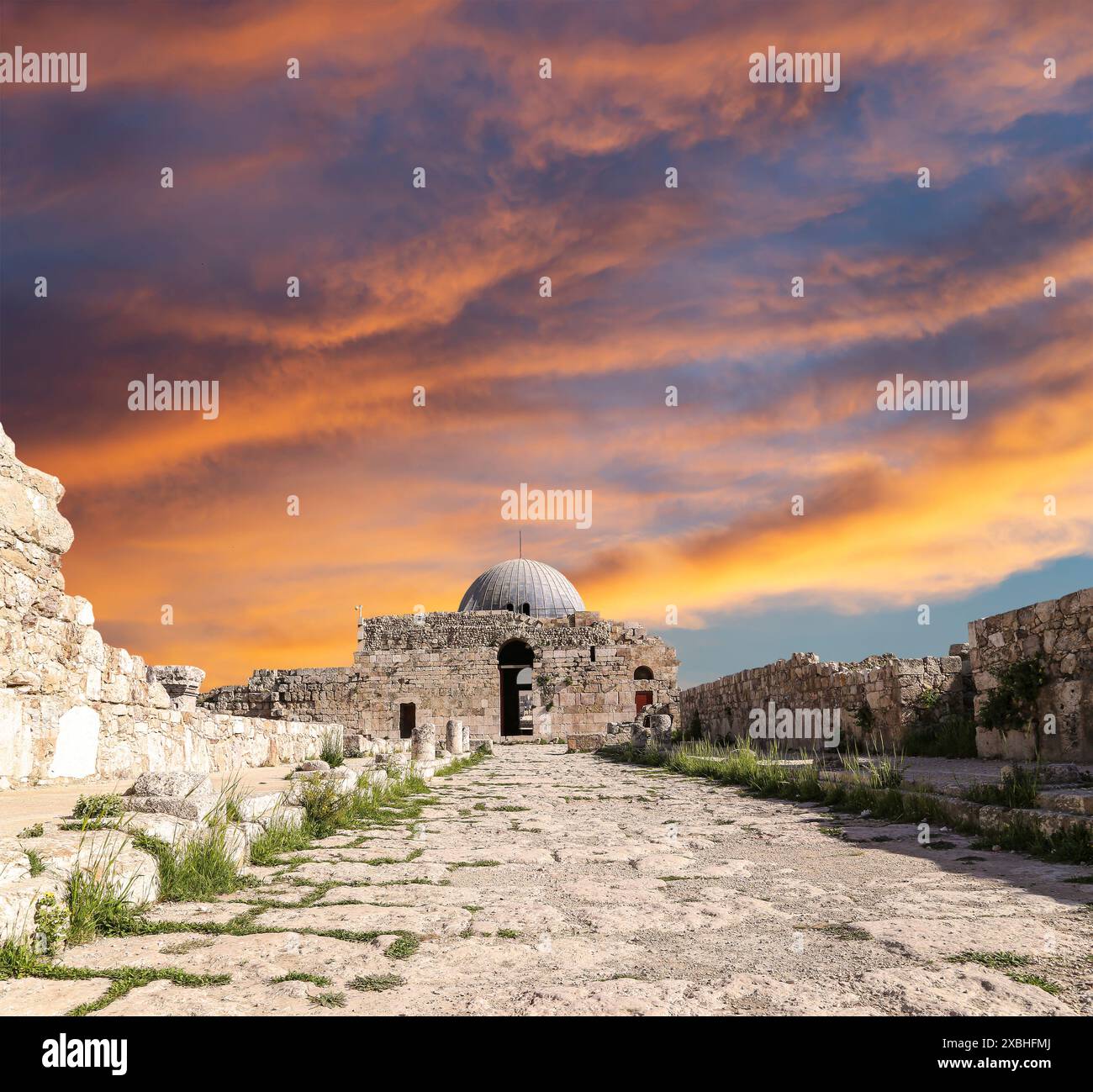 Amman city landmarks-- old roman Citadel Hill, Jordan. Against the ...