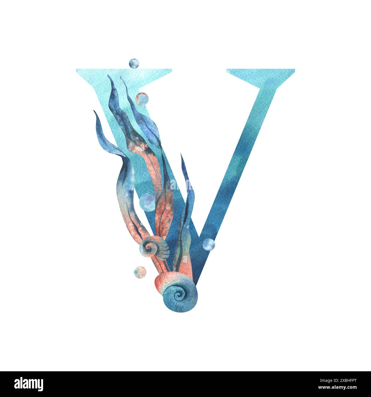 Capital letter V, part of the Latin alphabet decorated in a wet theme ...