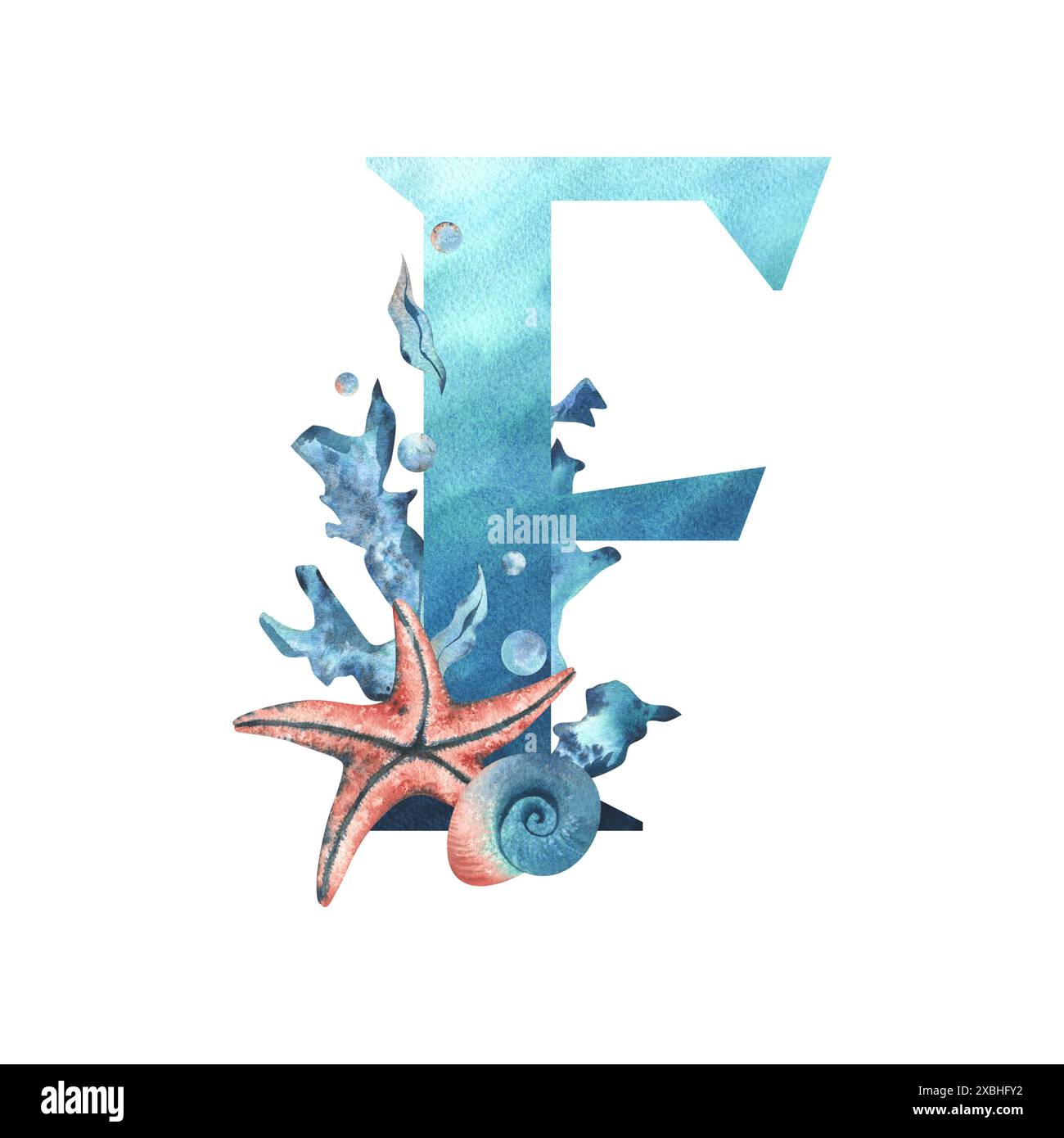 Capital letter F, part of the Latin alphabet decorated in a wet theme ...