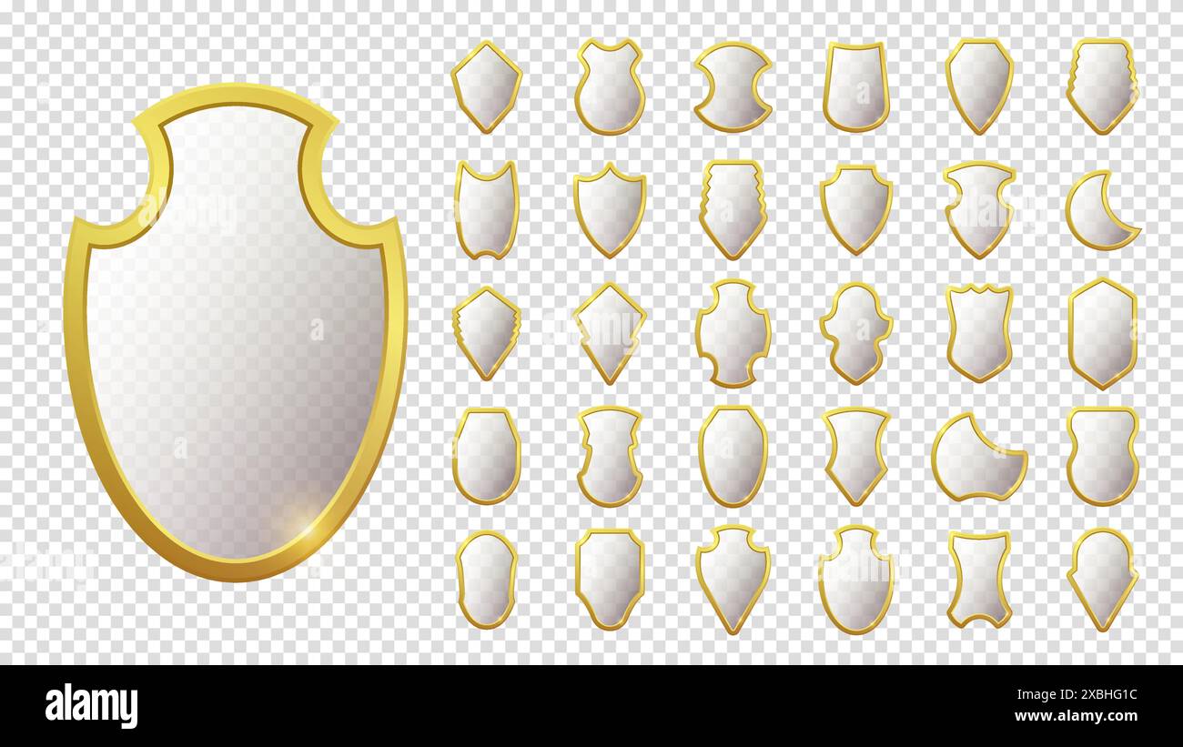 Set of realistic golden heraldic shields. Glass and glossy shield ...