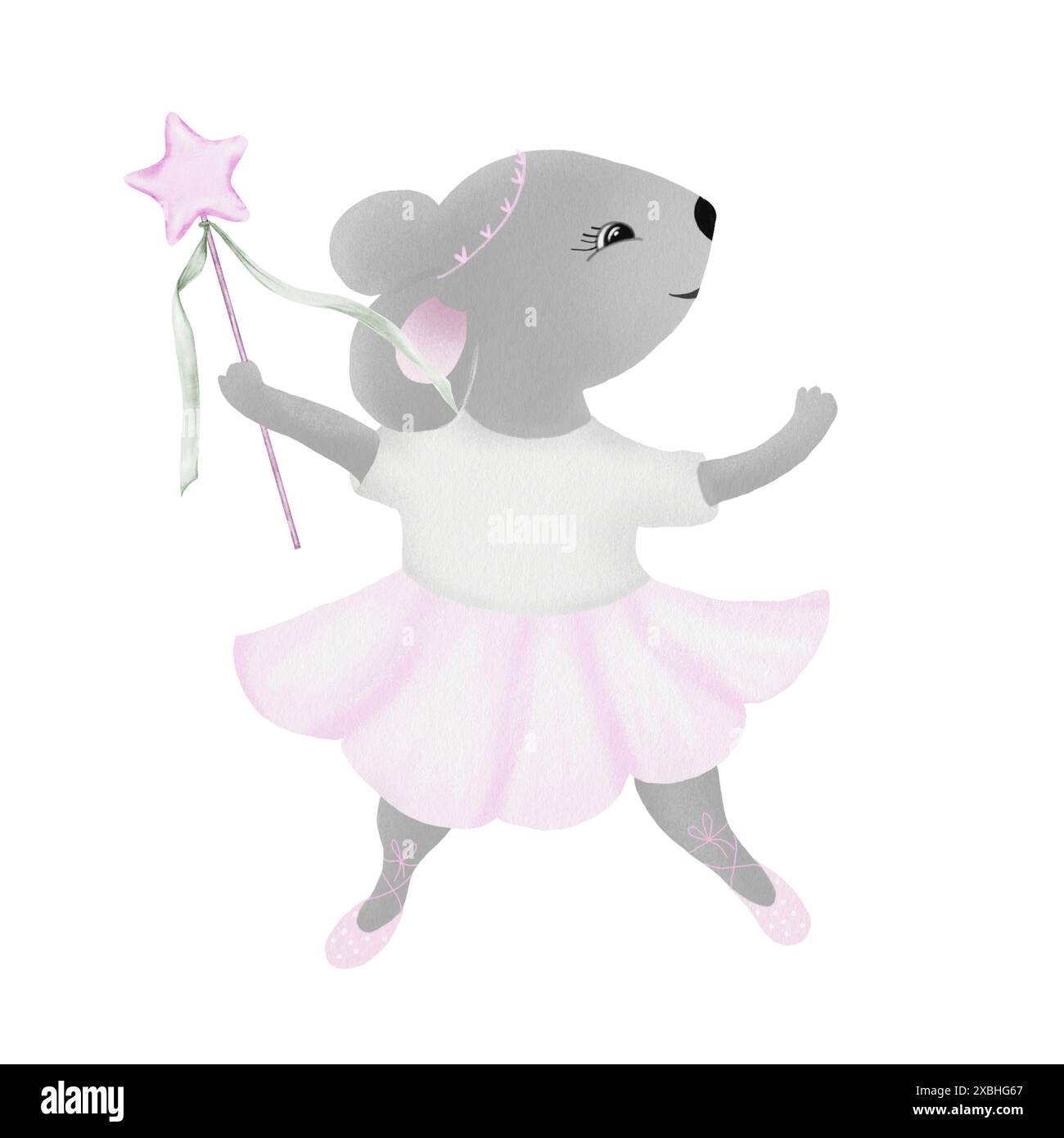 Watercolor drawing of a mouse ballerina in a pink skirt. Cute dancing ...