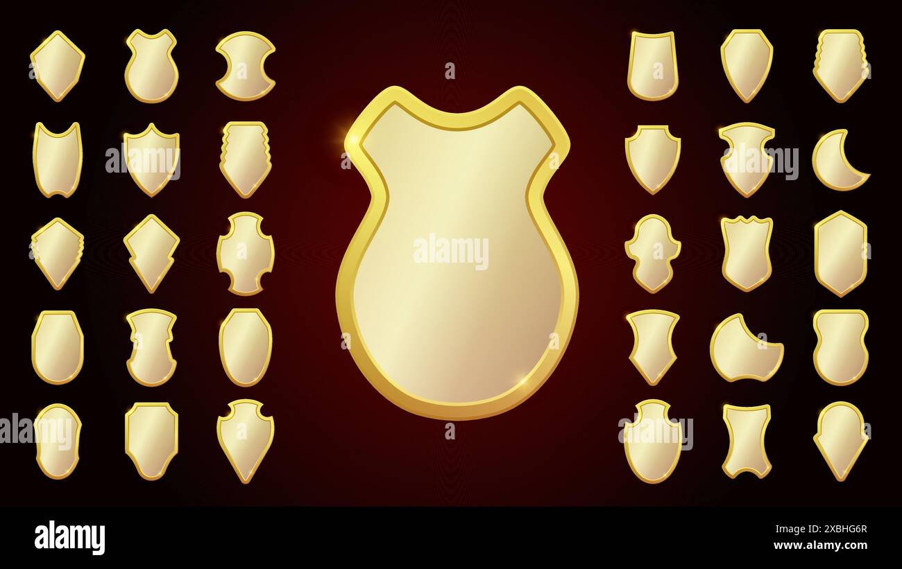 Set of realistic golden heraldic shields. Glass and glossy shield ...