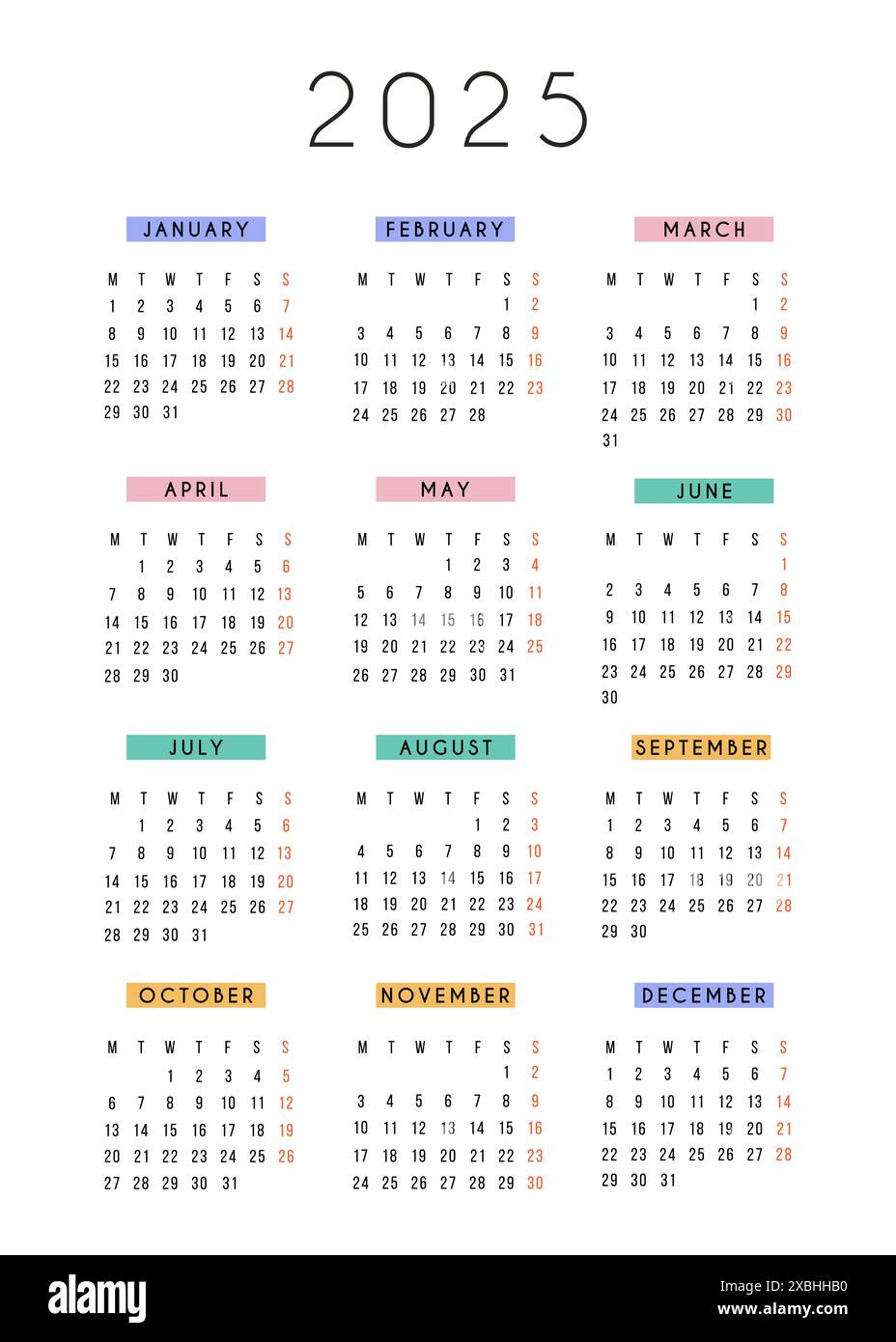 English vertical calendar 2025 year. Vector stationery calendar week ...