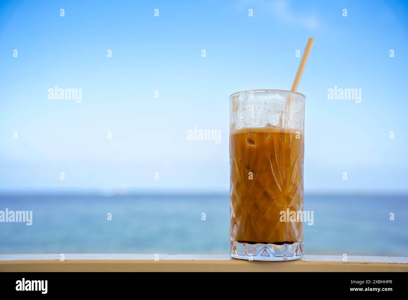 chocolate shake and coffee on the beach. Refreshment in summer vacation ...