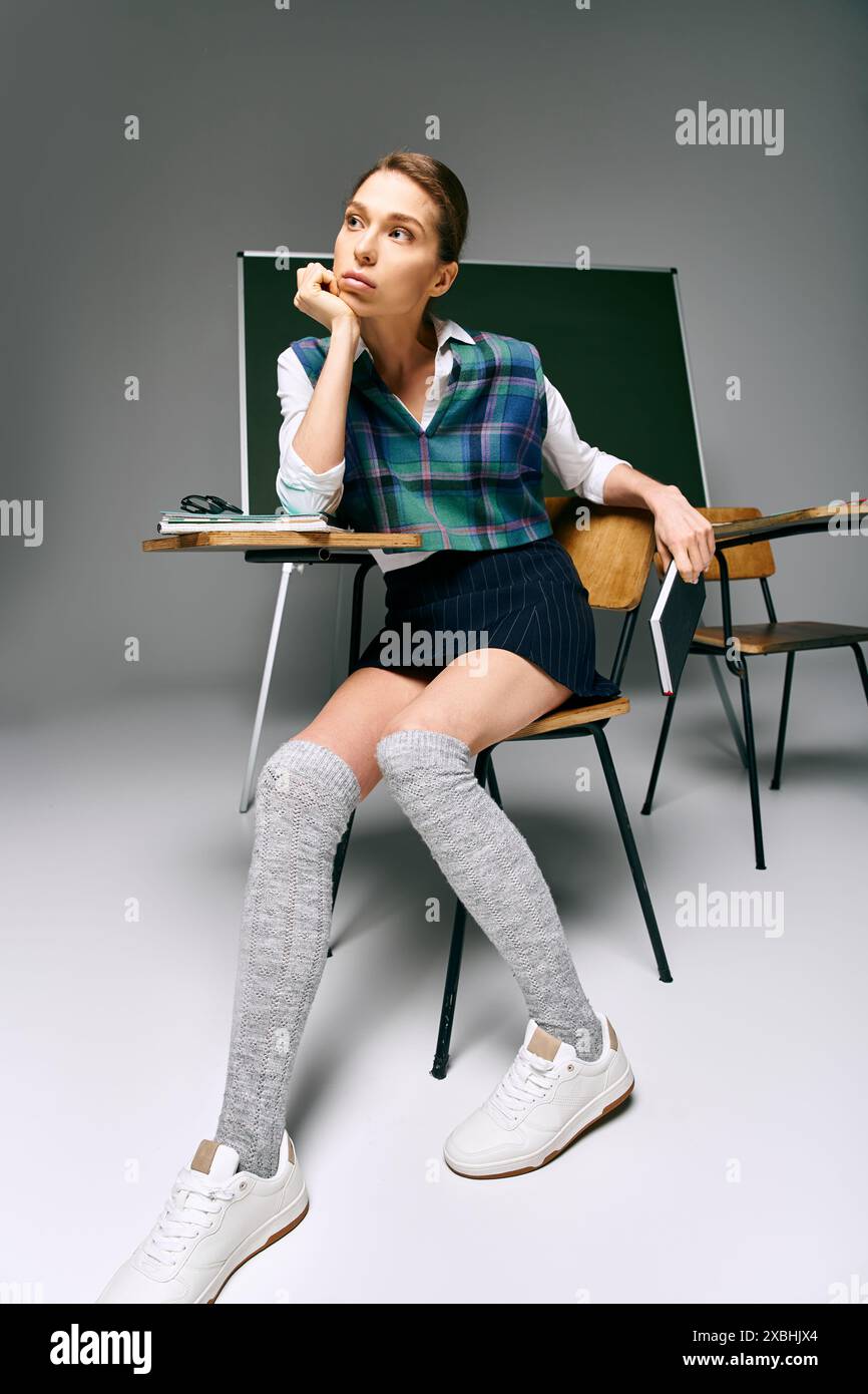 A stylish woman in knee high socks sits at a desk in a college ...