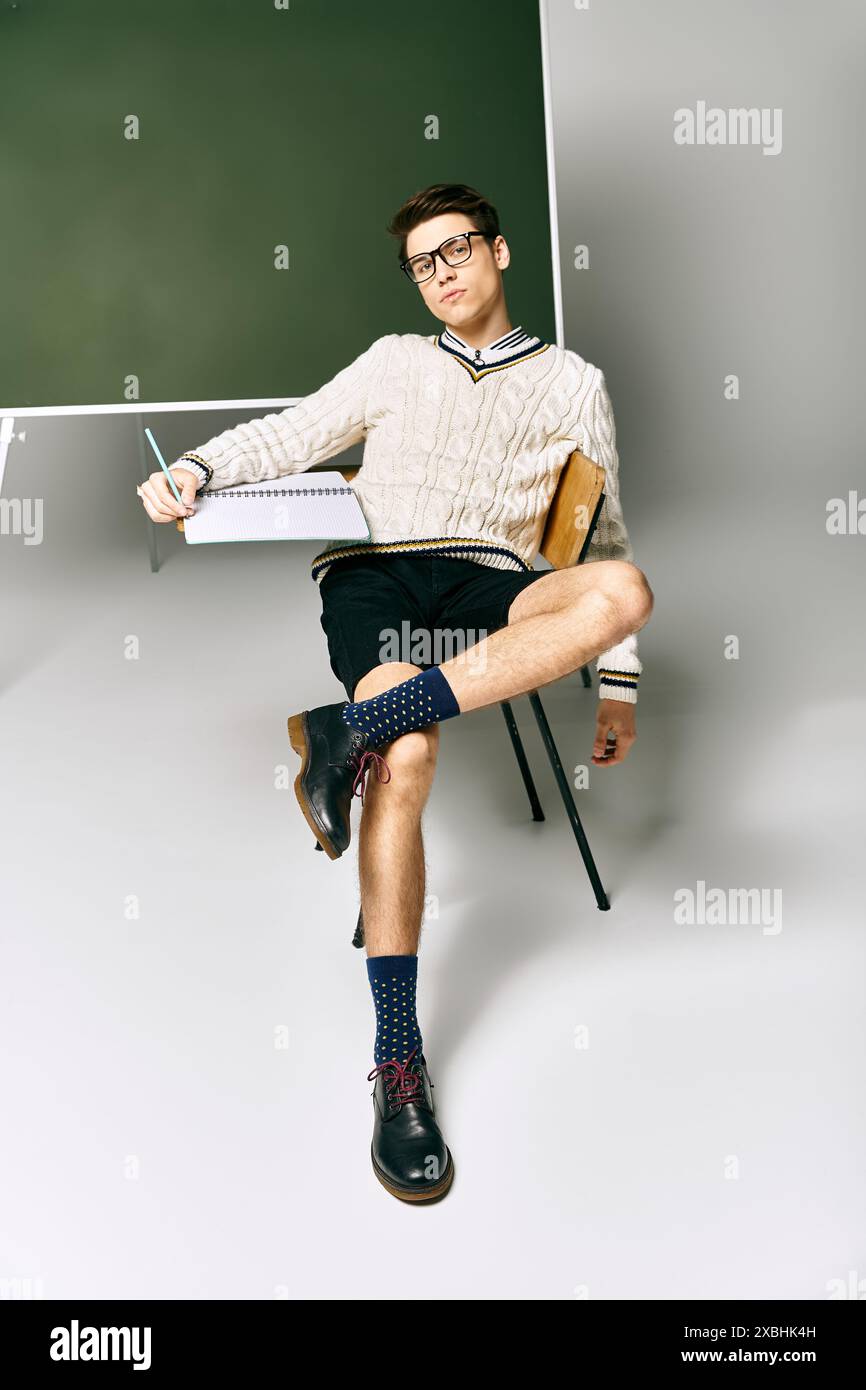 A man in uniform sitting before a green board in a college classroom ...