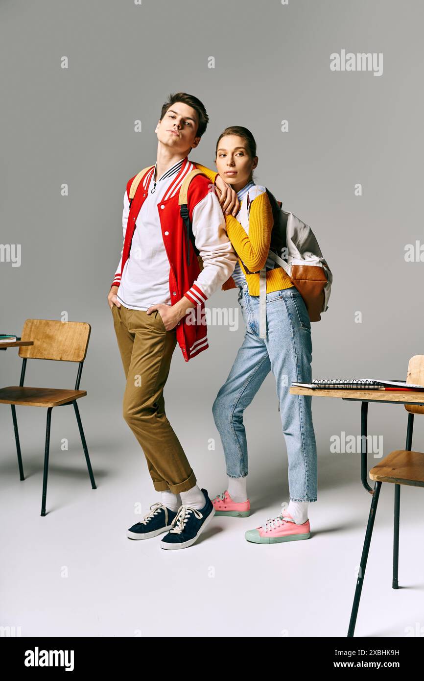 Stylish students pose in classroom setting, exuding casual charm Stock ...