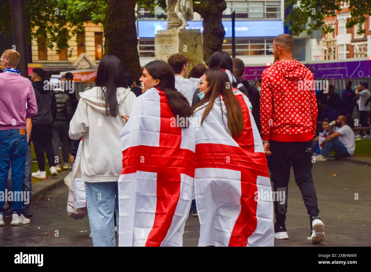 London, United Kingdom. 11th July 2021. England supporters in Leicester ...