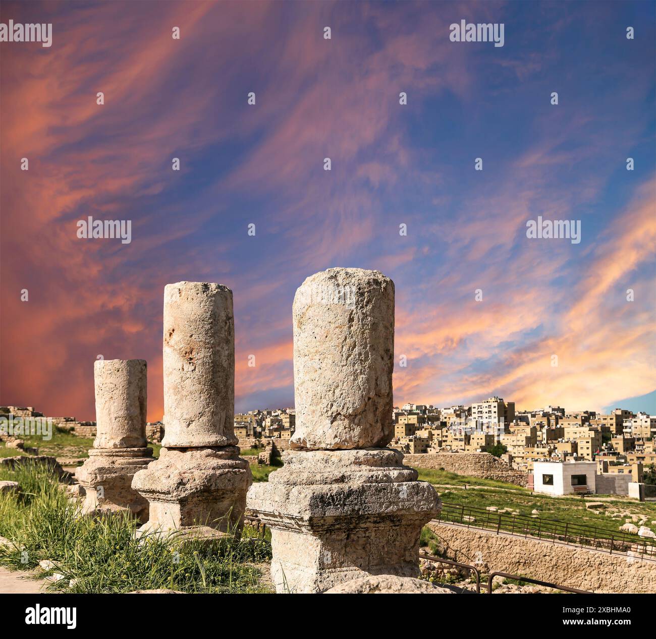Amman city landmarks-- old roman Citadel Hill, Jordan. Against the ...