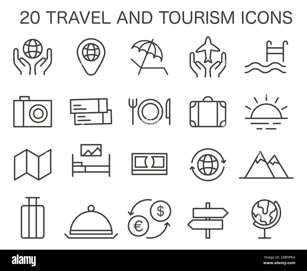Tourism icons set. Simple symbols for traveling the world seeing ...