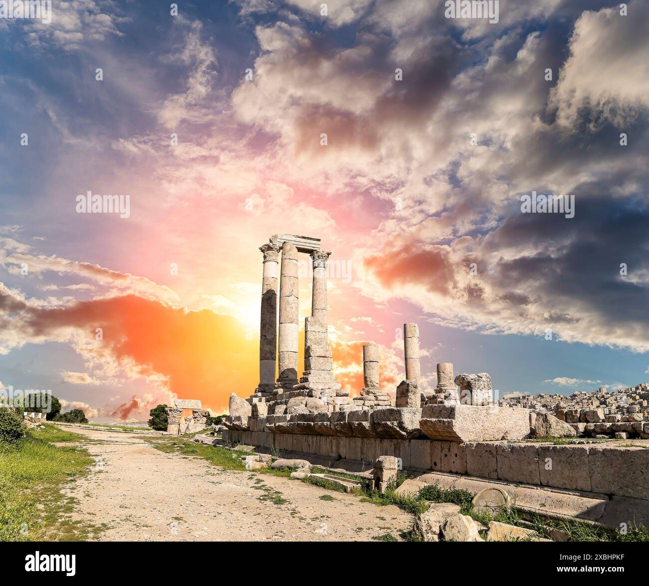Amman city landmarks-- old roman Citadel Hill, Jordan. Against the ...