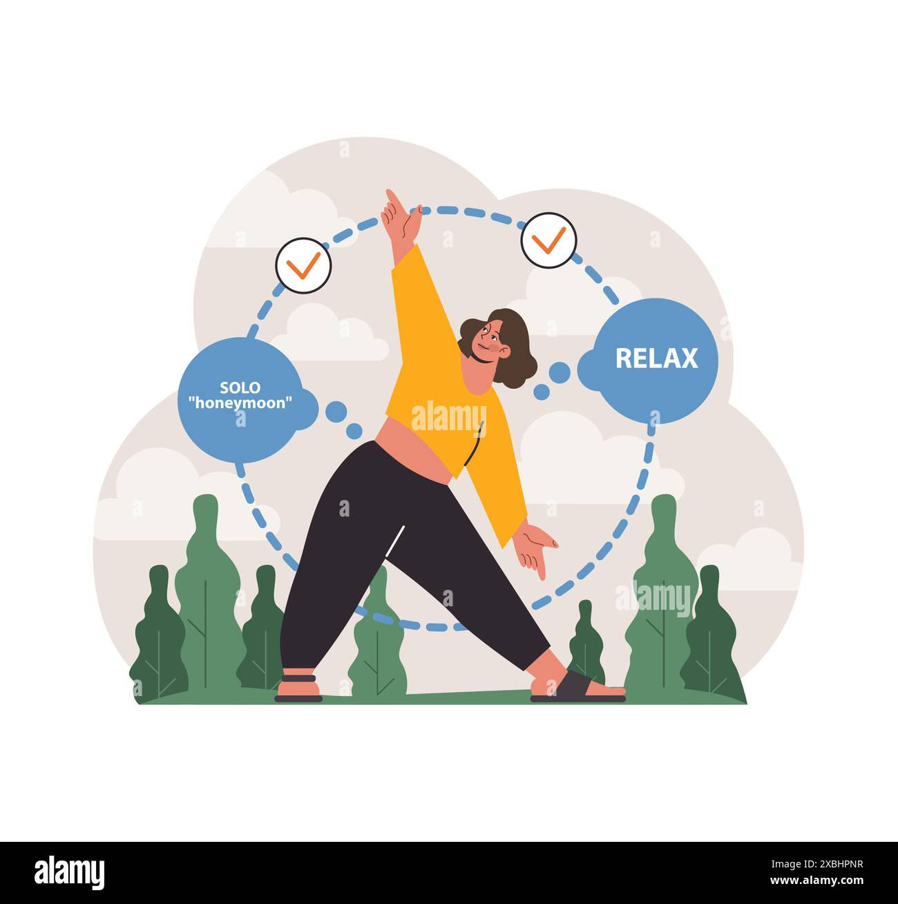 Solo travel, honeymoon on a retreat resort. Female character in a ...