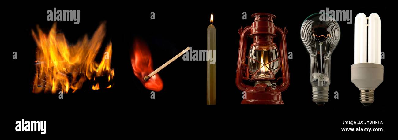 Evolution of lighting light sources Stock Photo - Alamy