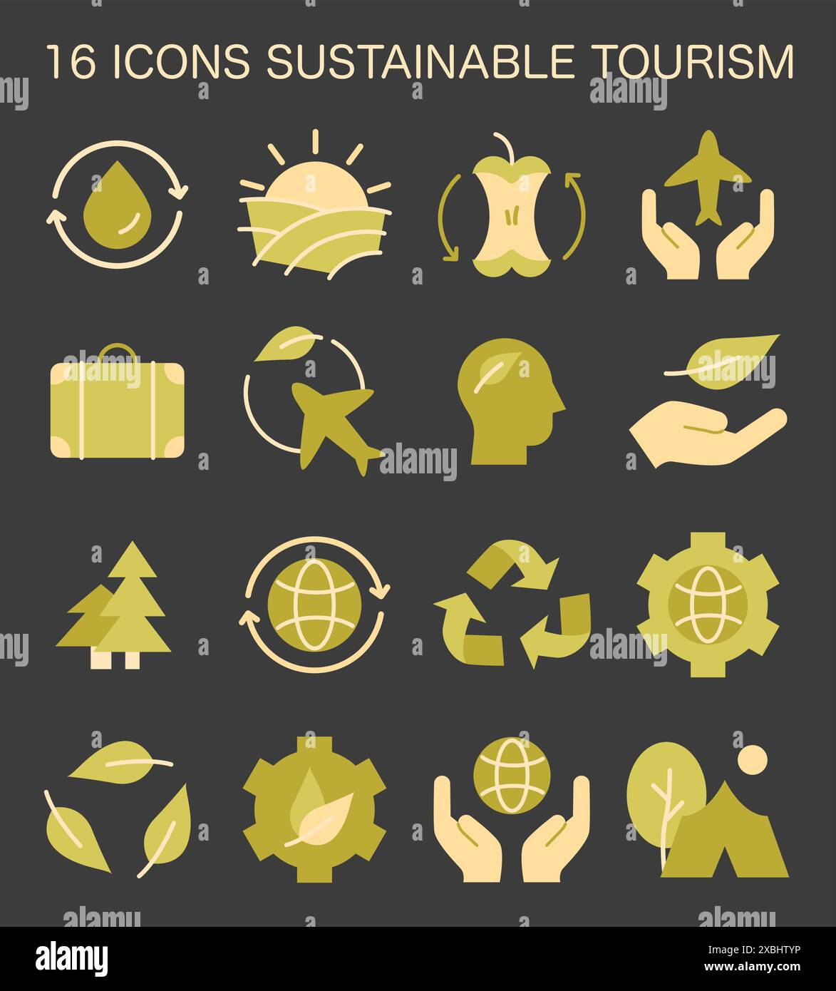 Sustainable tourism icons dark or night mode set. Symbols of ecotourism ...