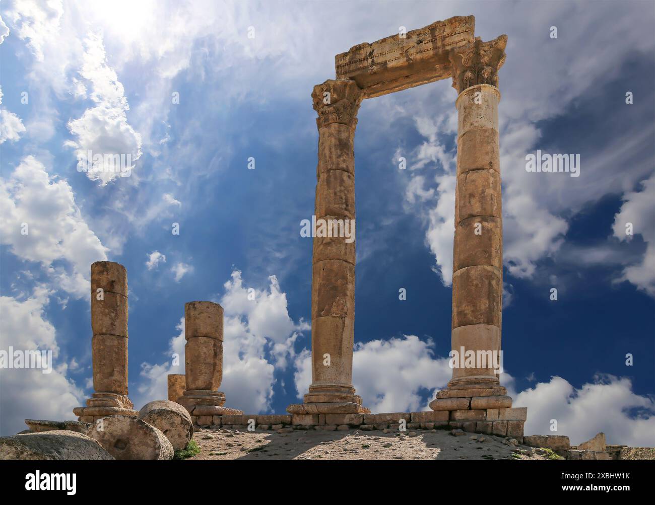 Amman city landmarks-- old roman Citadel Hill, Jordan. Against the ...