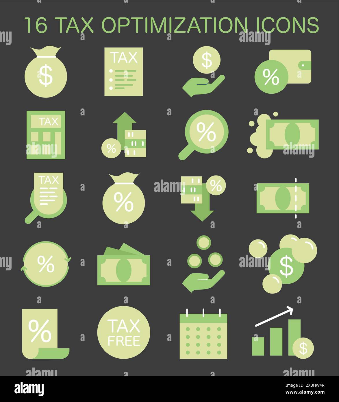 Tax optimization icon dark or night mode set. Simple symbols of financial efficiency, budgeting ...