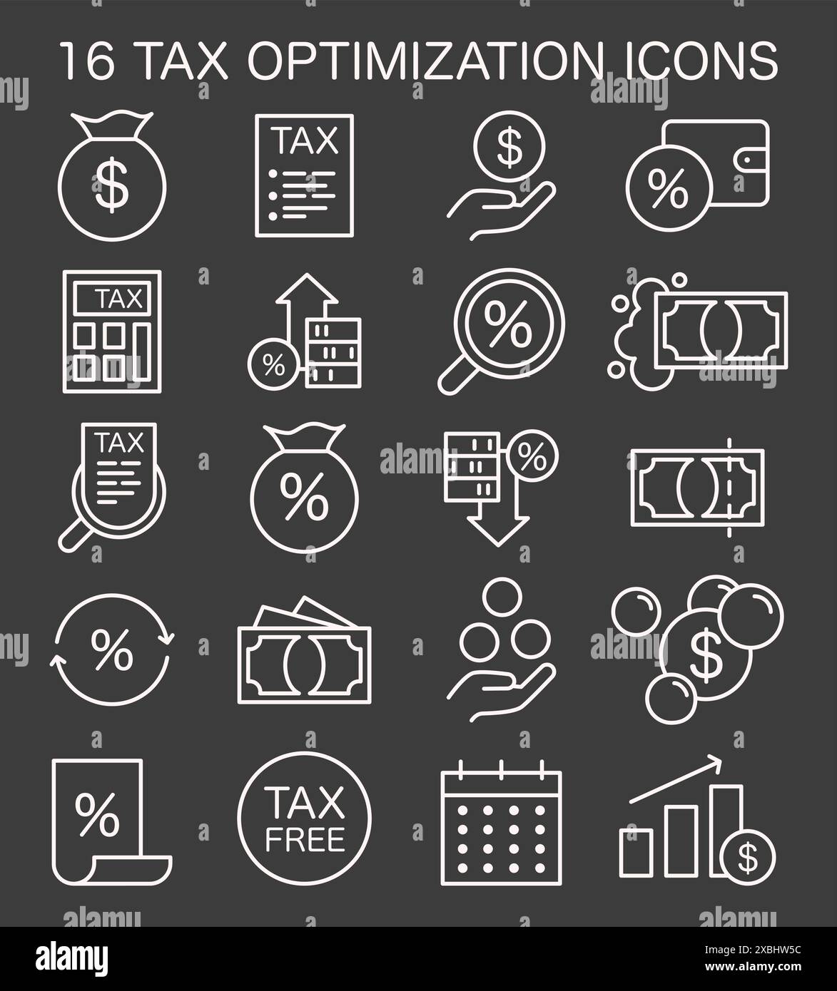 Tax optimization icon dark or night mode set. Simple symbols of financial efficiency, budgeting ...