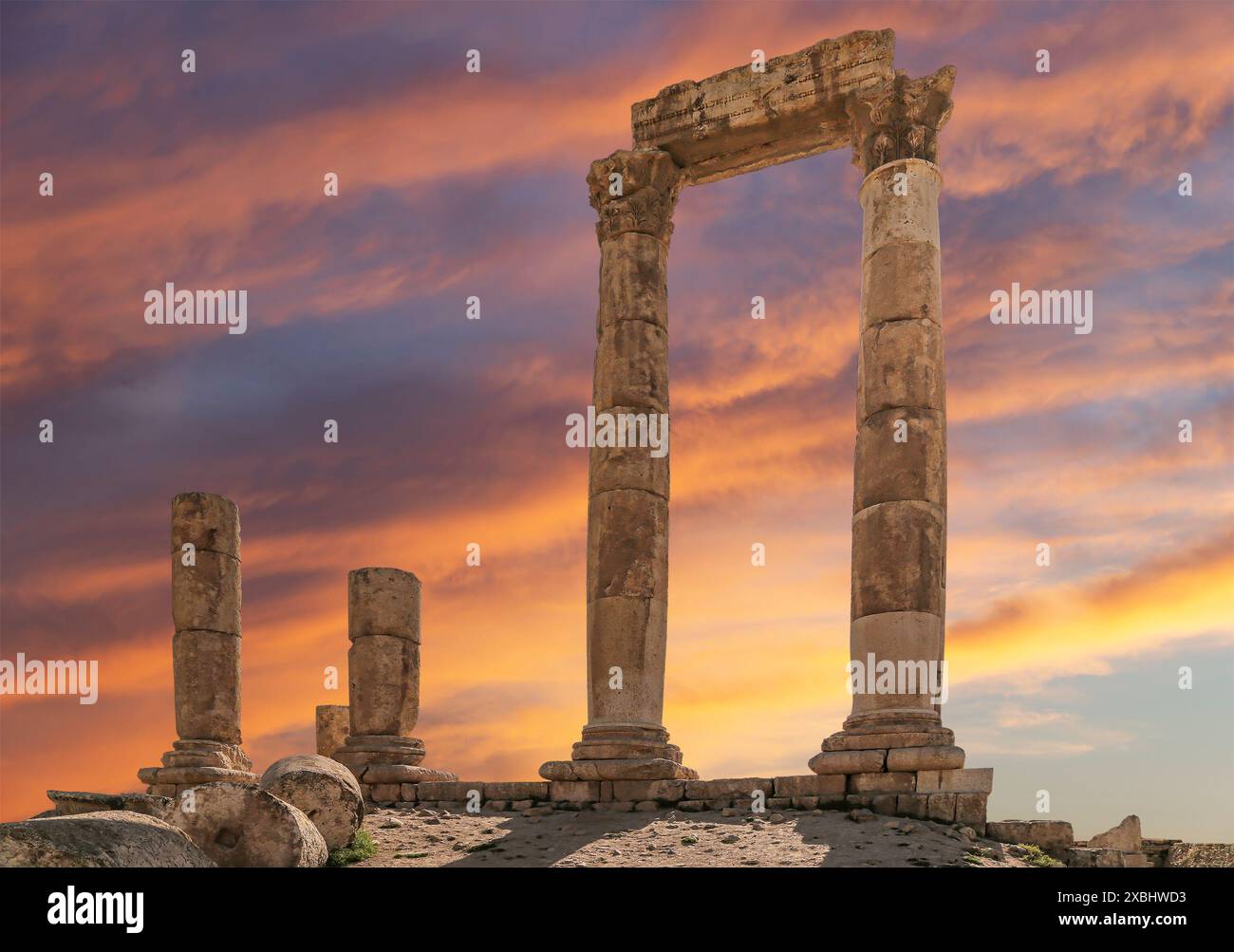 Amman city landmarks-- old roman Citadel Hill, Jordan. Against the ...