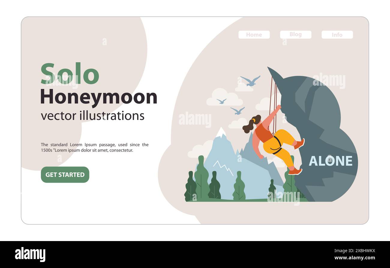Solo travel, honeymoon web banner or landing page. Mountaineering ...