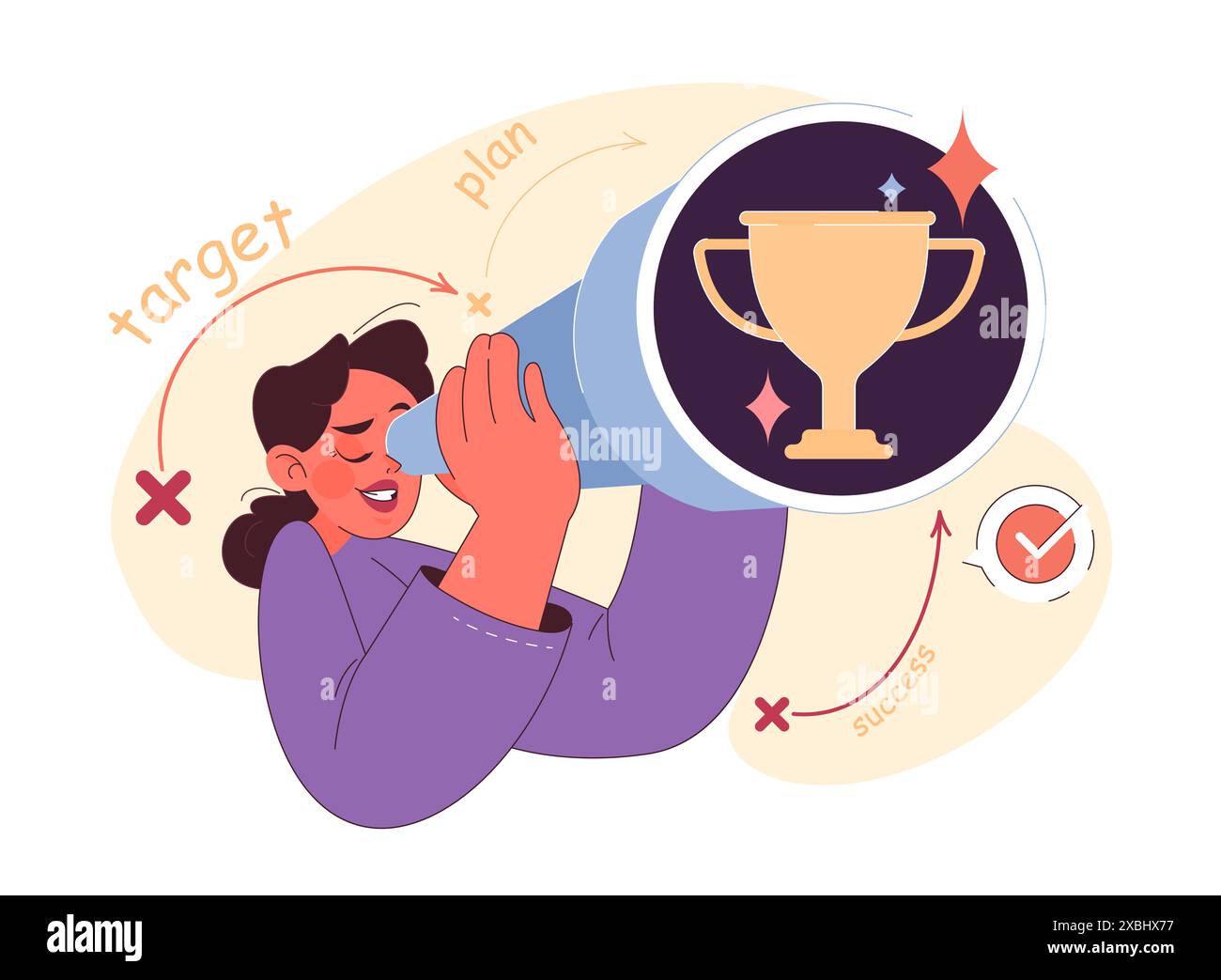 Motivation. Young confident woman holding a spyglass. Ambitious ...