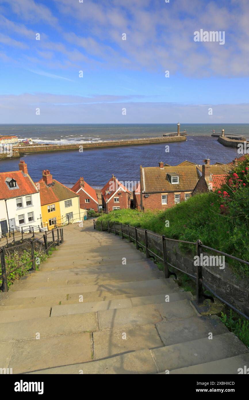 Whitby's famous 199 steps and harbour, Whitby, North Yorkshire, England ...