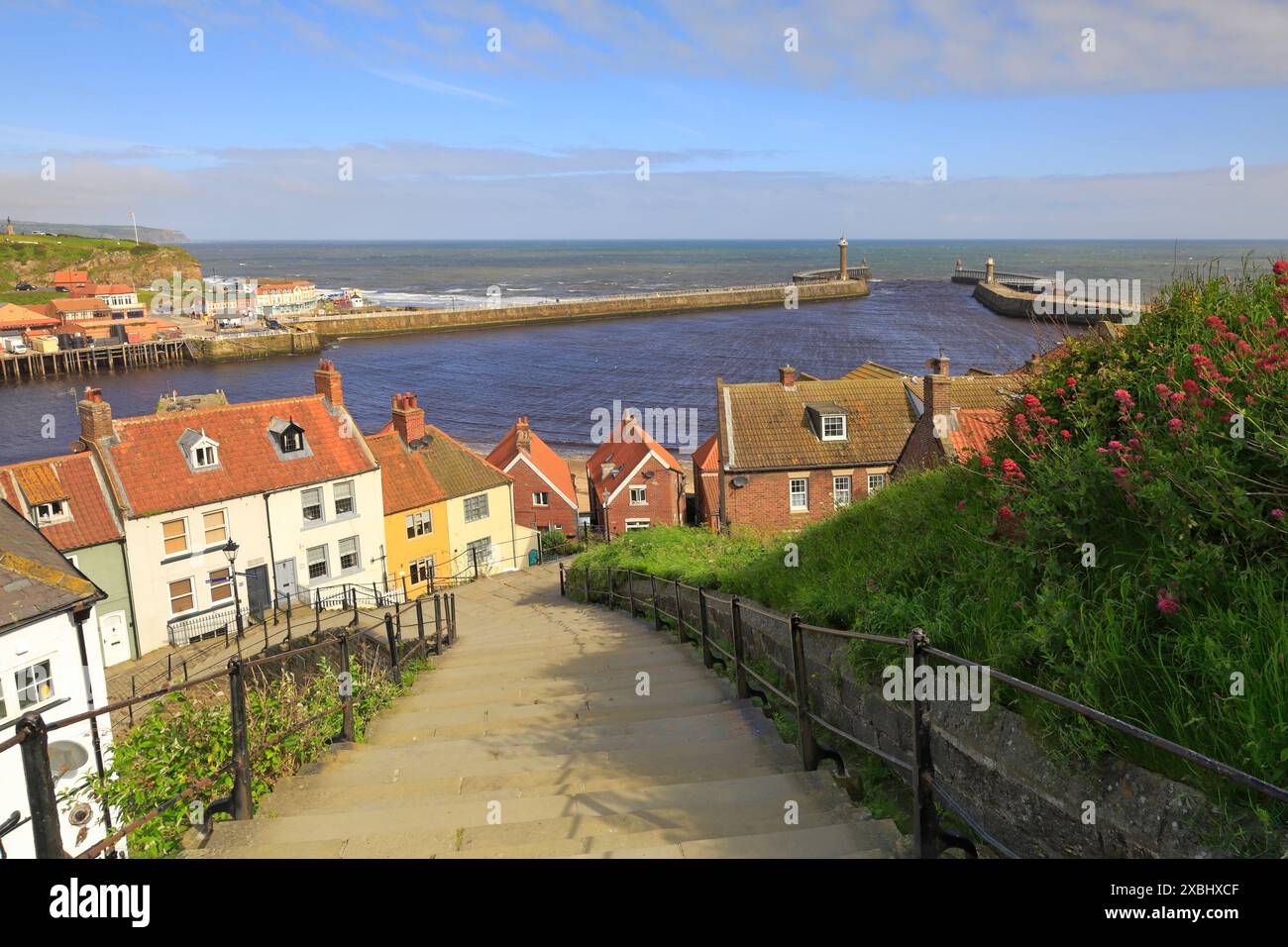 Whitby's famous 199 steps and harbour, Whitby, North Yorkshire, England ...