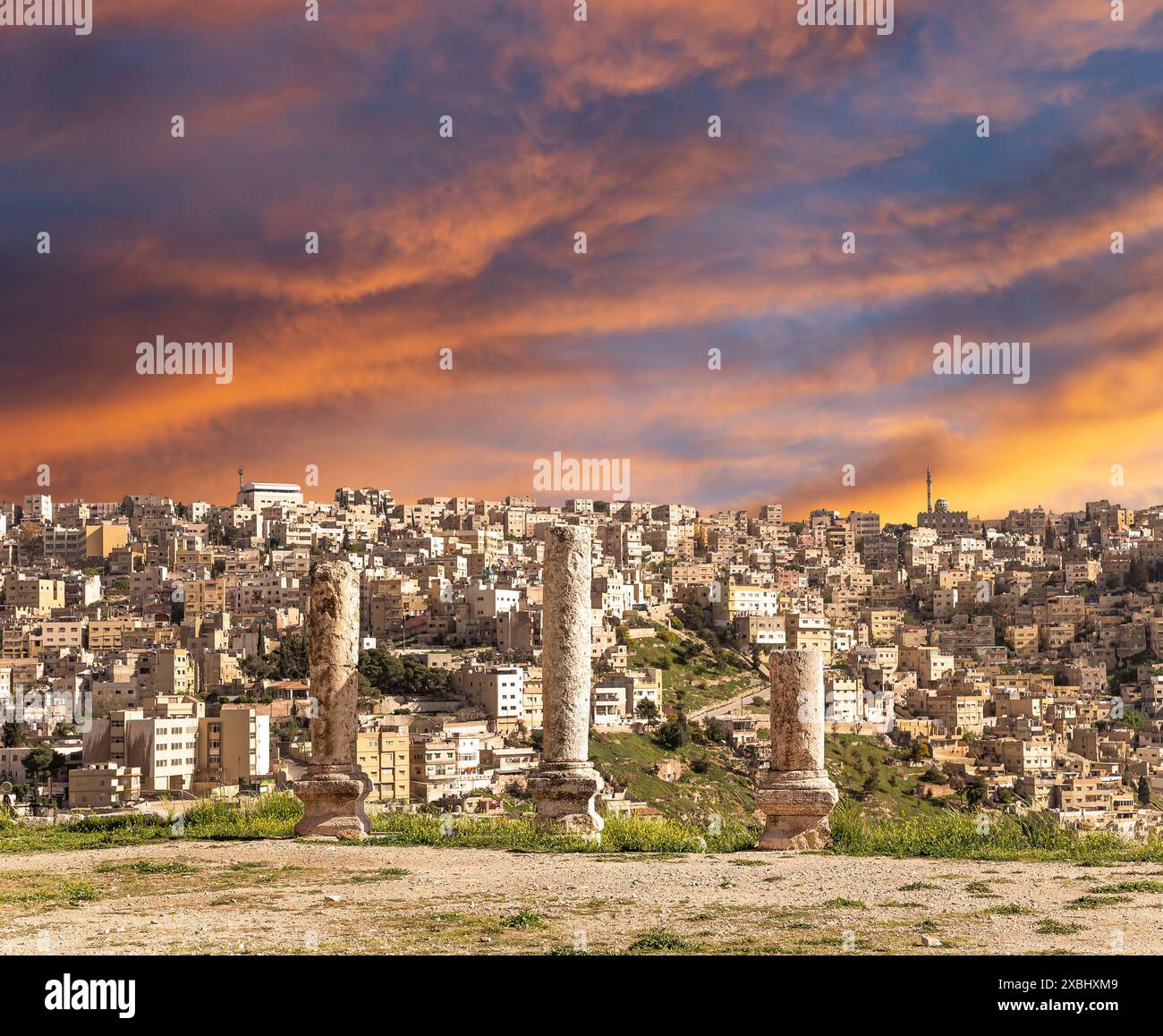 Amman city landmarks-- old roman Citadel Hill, Jordan. Against the ...