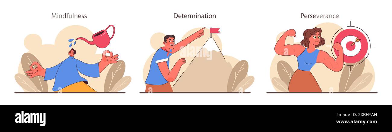 Patience set. Calm person meditating and finding balance. Mental or ...