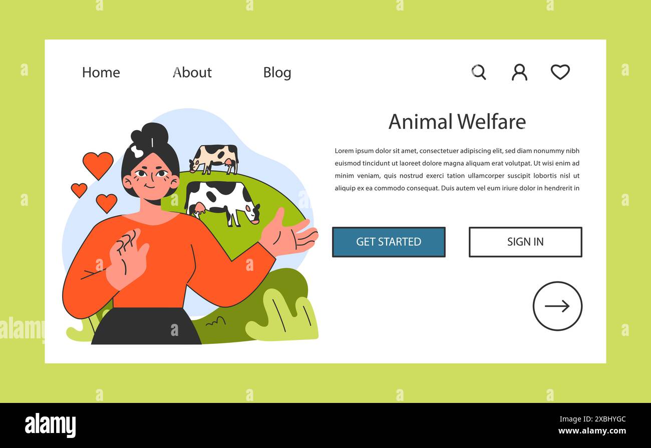 Animal welfare web banner or landing page. Cows grazing in the meadow ...