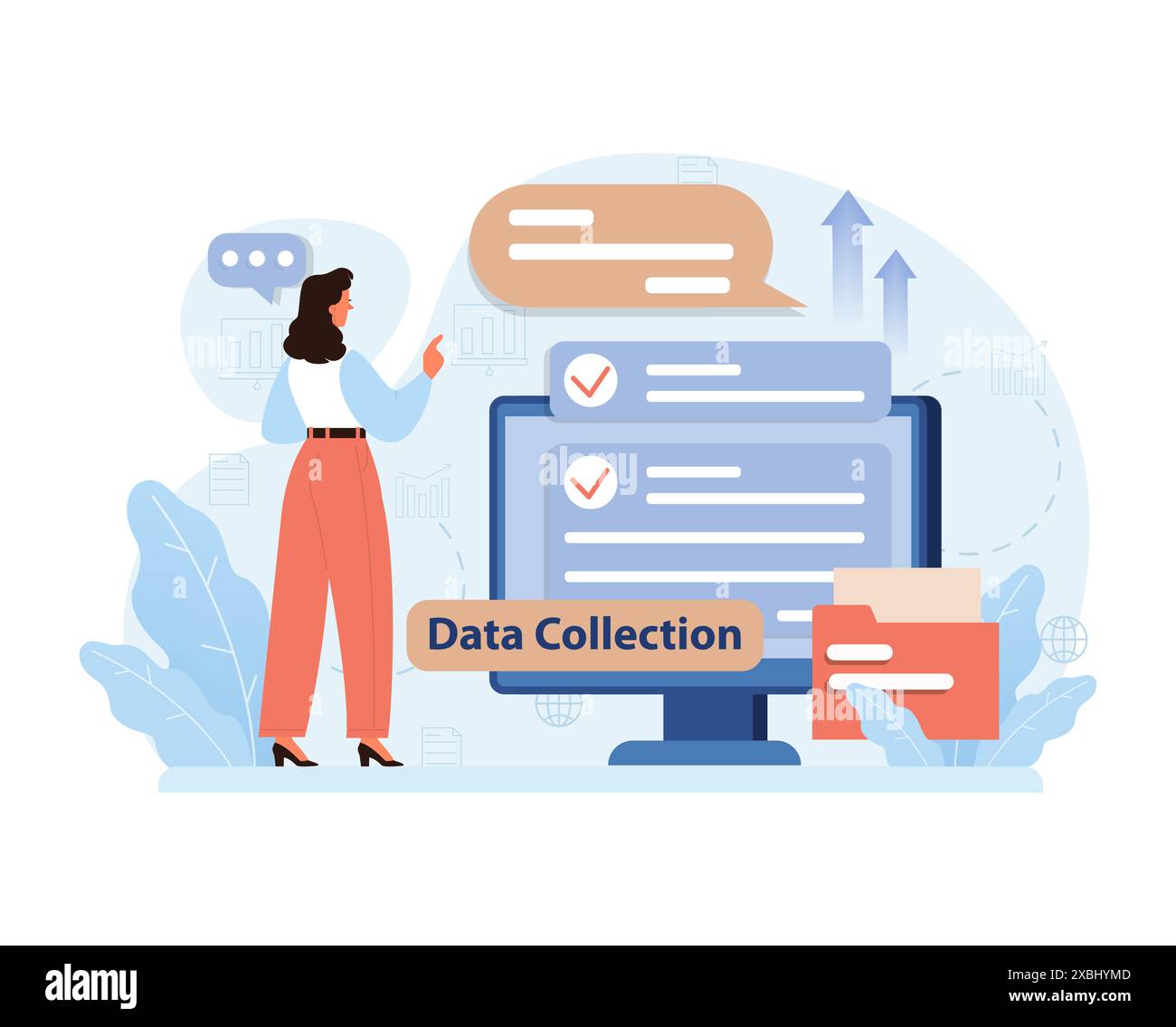 Public opinion poll data. Female character collecting an online survey ...