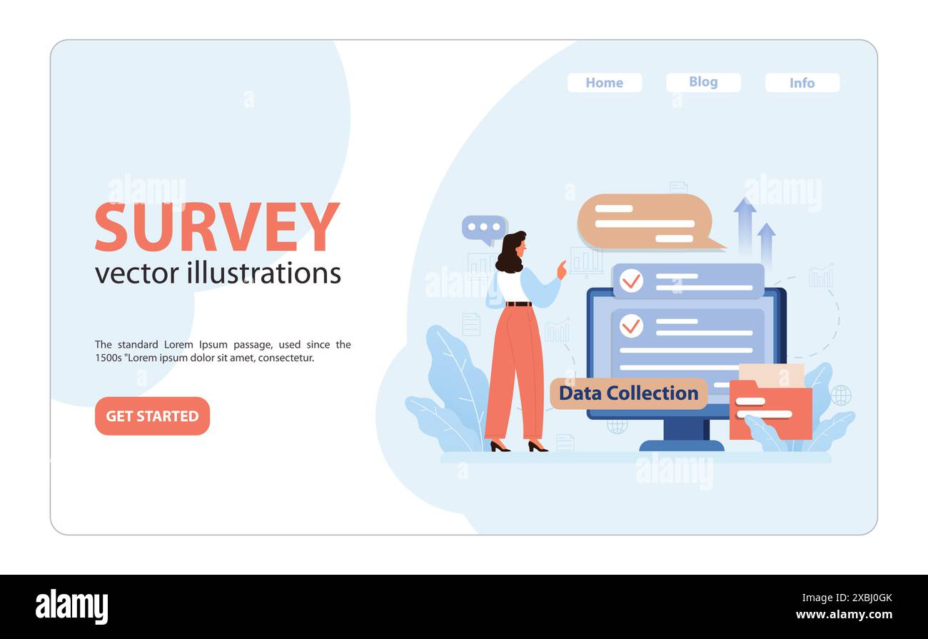 Public opinion poll data web banner or landing page. Female character ...