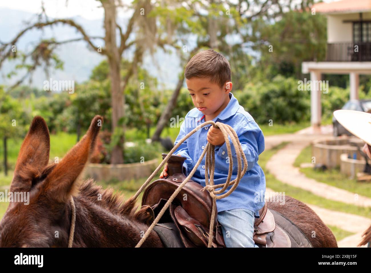 lifestyle: boy with down syndrome riding on his pet donkey Stock Photo ...
