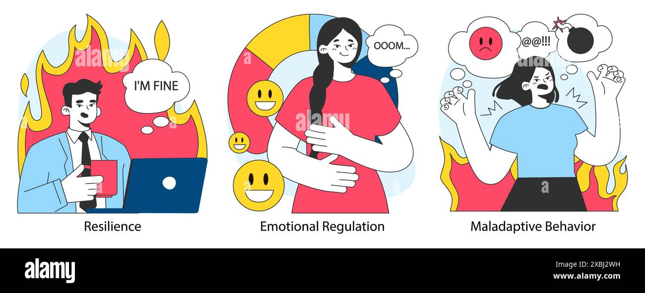 Neurosis set. Chronic stress and anxiety mental disorder. Character ...